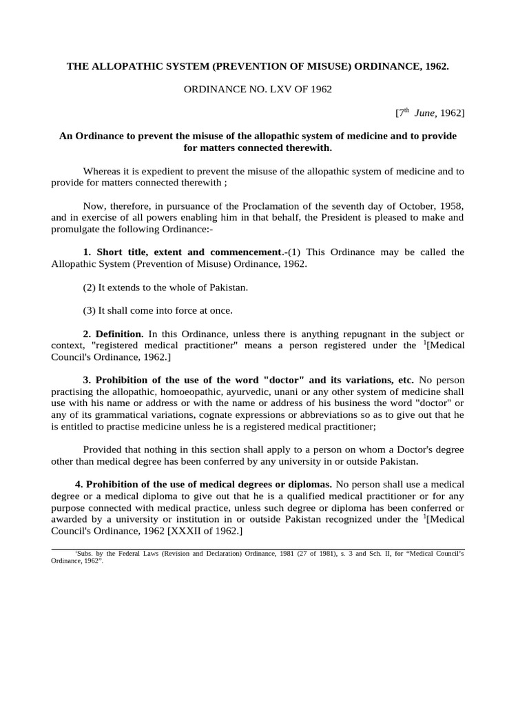 Allopathic System (Prevention of Misuse) Ordinance, 1962 | PDF | Criminal Justice | Crime & Violence