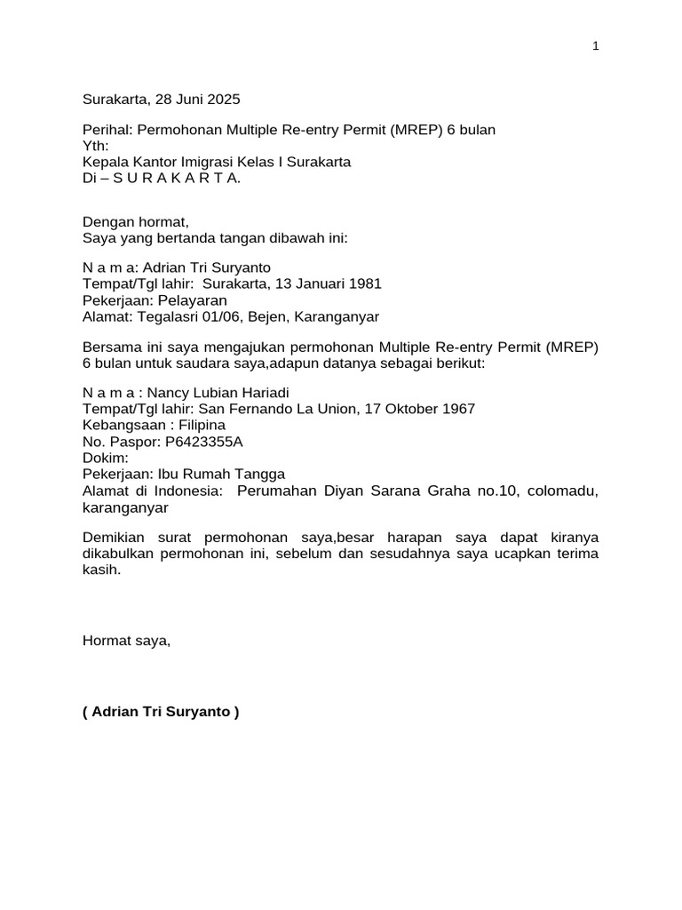 Surat Permohonan Multiple Re-Entry Permit (MREP) | PDF