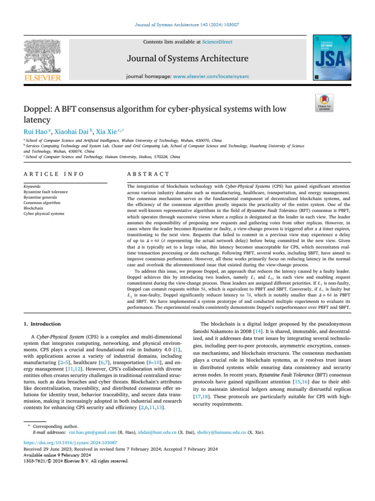Doppel A BFT Consensus Algorithm For Cyber Physic 2024 Journal of Systems A | PDF | Computing ...