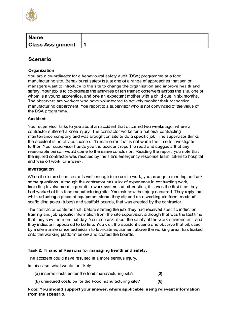 Class Assignment 1 (Financial Reasons) | PDF | Safety