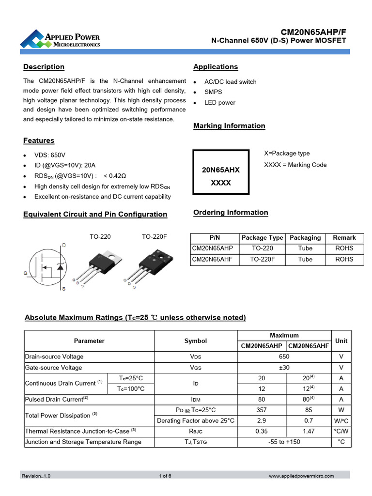 Cm20n65ahp&f Version 1.0 Apm | PDF | Field Effect Transistor | Computer Engineering