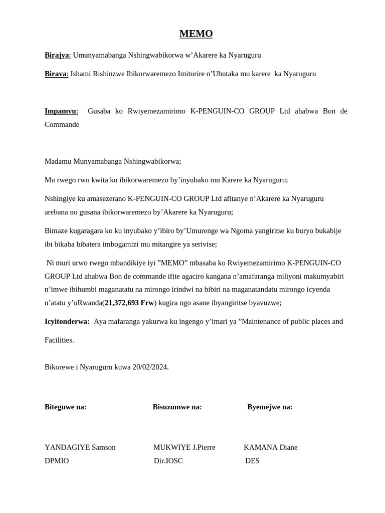 Revised Memo Maintenance Ngoma Sector Office | PDF