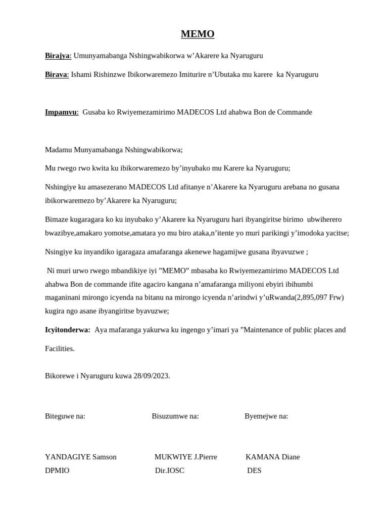 MEMO Maintenance Nyaruguru District Office | PDF