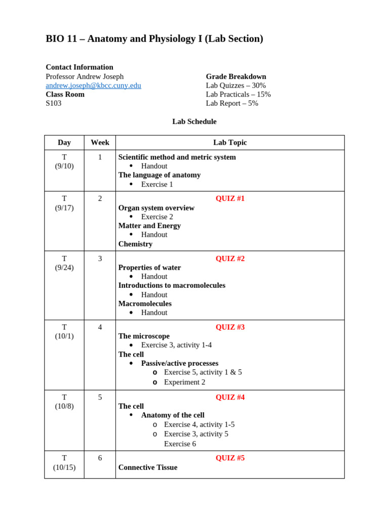 Anatomy and Physiology Lab Schedule | PDF | Nervous System | Tissue ...