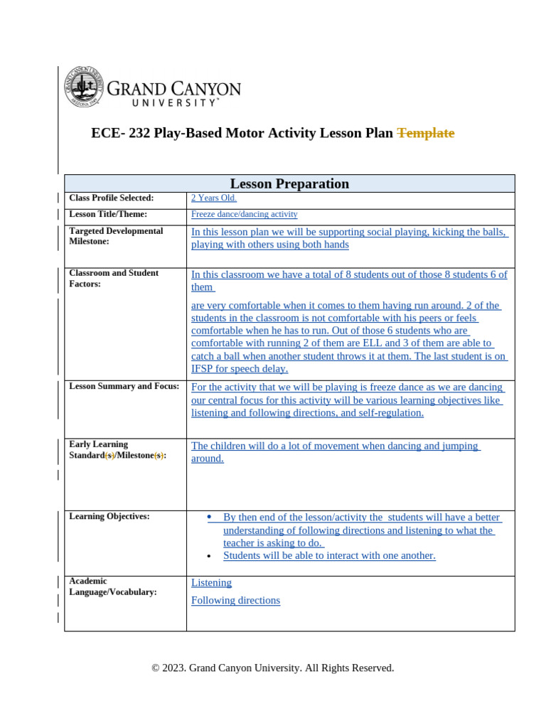 ECE 232 RS T2 MotorActivityLessonPlan | PDF | Teachers | Lesson Plan