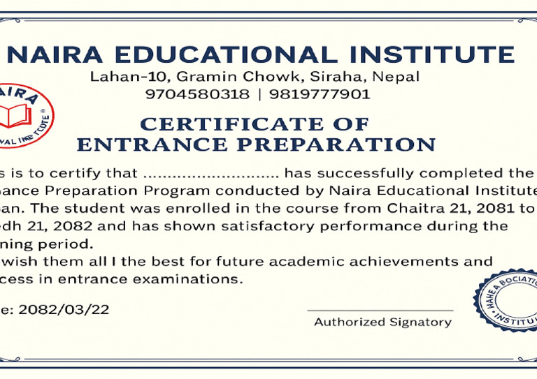 Entrance Preparation Certificate Naira | PDF