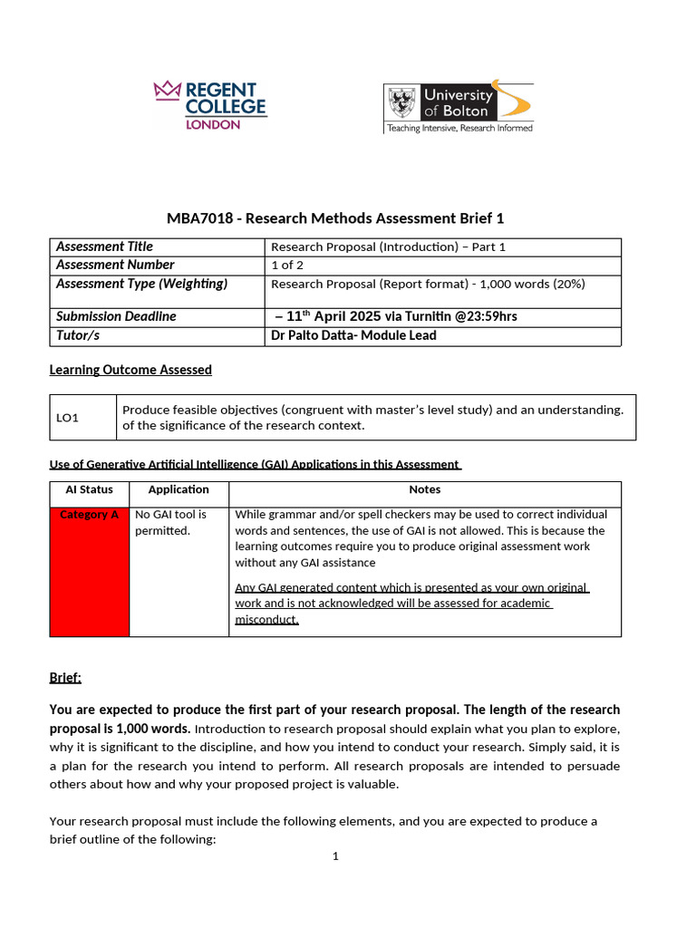 MBA7018 Research Proposal Guidelines | PDF | Methodology | Validity ...