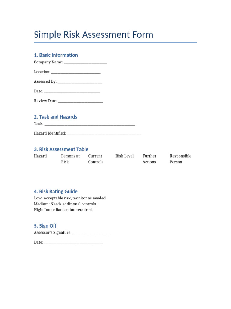 Simple Kitchen Risk Assessment Form | PDF