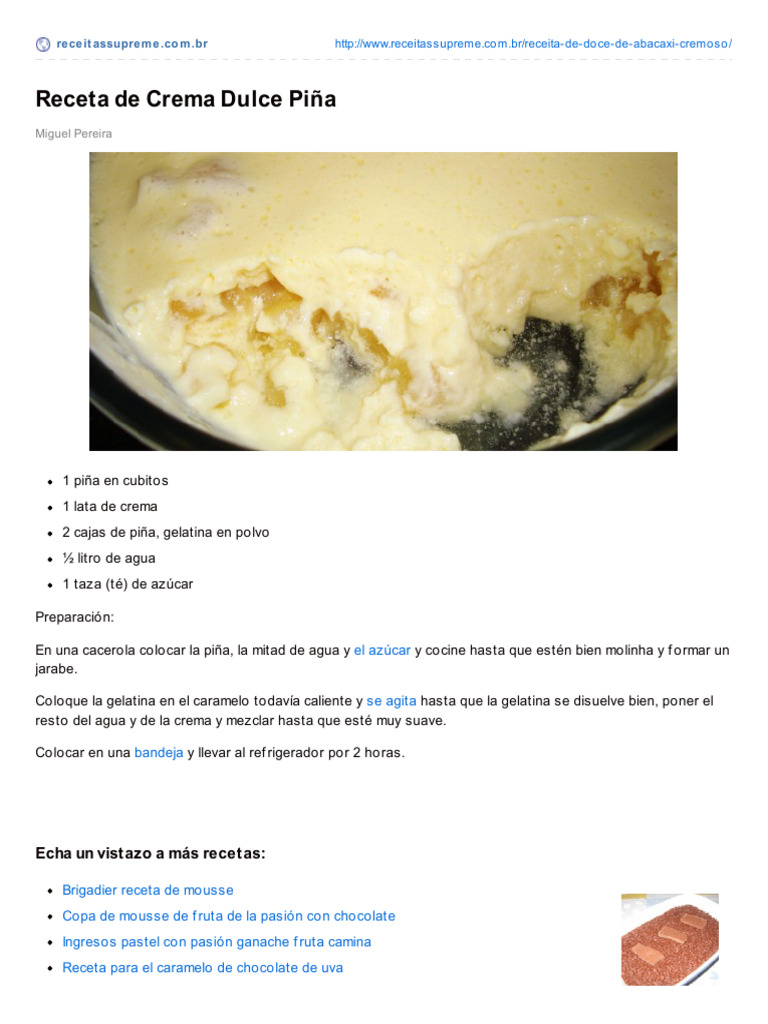 Receta de Crema Dulce Pia | PDF