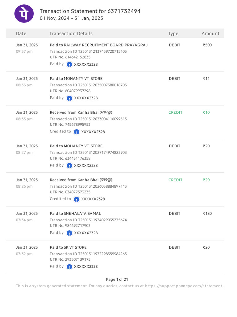 PhonePe Statement Nov2024 Jan2025 | PDF | Debits And Credits | Debit Card