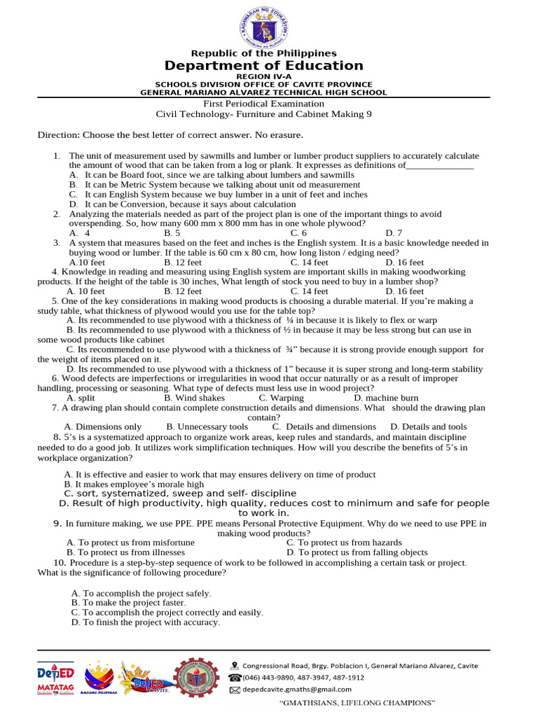 First Quarter Test 2024 - 2025 | PDF | Wood | Foot (Unit)
