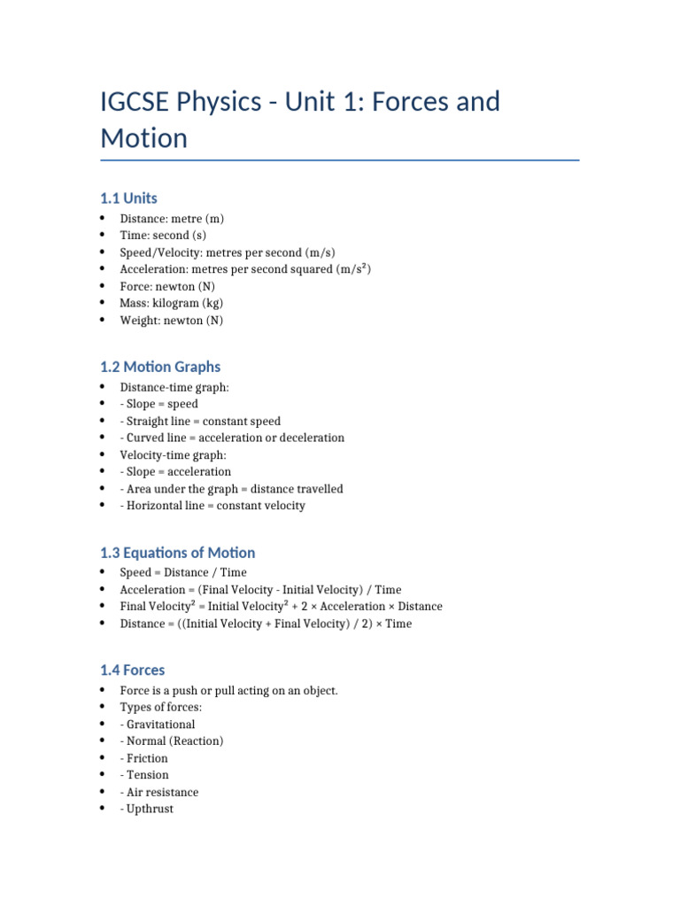 IGCSE Physics Unit1 Forces and Motion Notes | PDF
