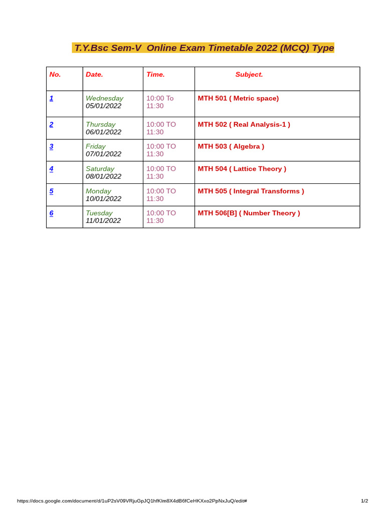 Exam Timetable 2022 T.y.bsc | PDF