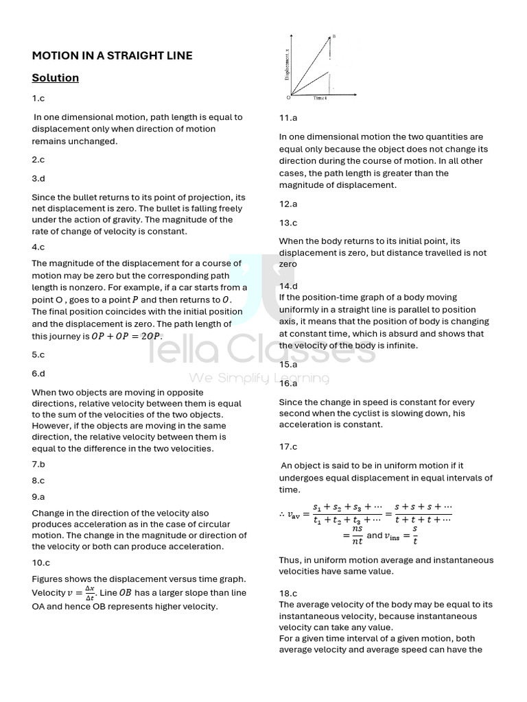 Motion in A Straight Line Solution | PDF | Velocity | Acceleration