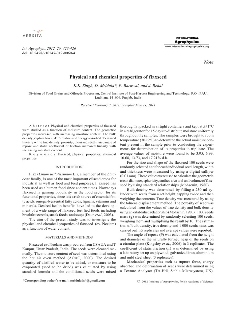 Physical and Chemical Properties of | PDF | Density | Flax