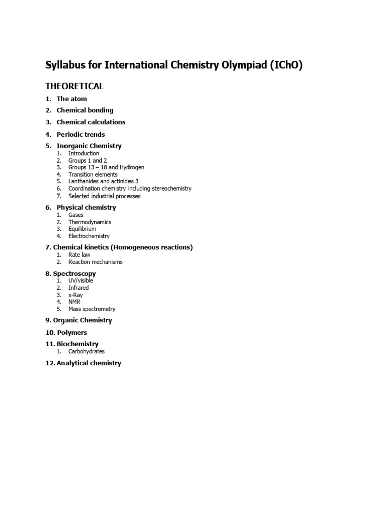 Syllabus For International Chemistry Olympiad (IChO) For Upload | PDF | Chemical Reactions ...