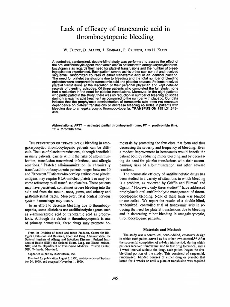 Lack of Efficacy of Tranexamic Acid in Thrombocytopenic Bleeding | PDF ...