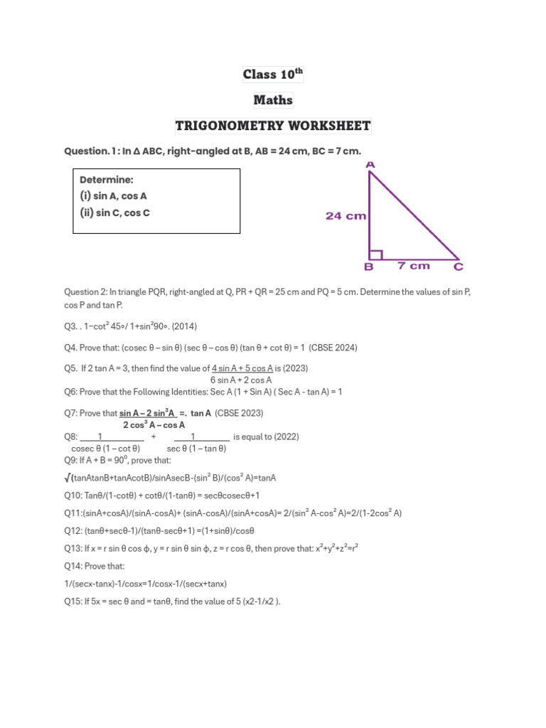 Class 10 Trigonometry Worksheet PDF | PDF