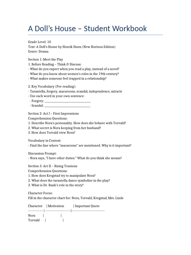 A Doll's House: Student Workbook Guide | PDF