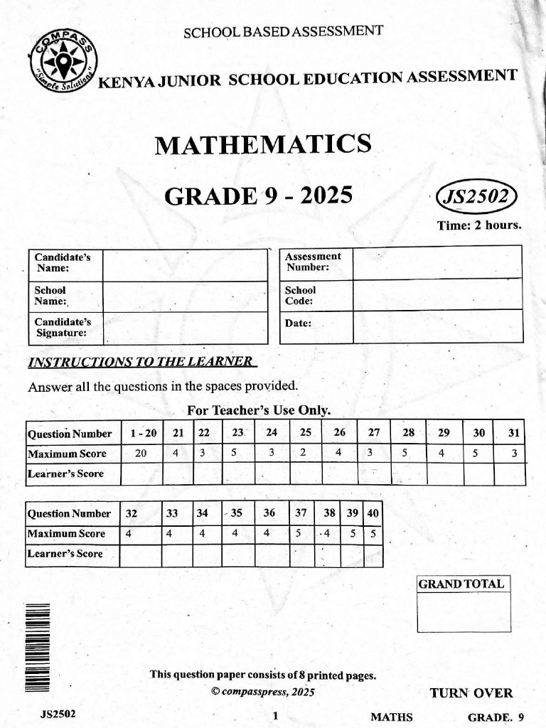Grade 9 002 Compass School All Subjects With Marking Scheme PDF | PDF