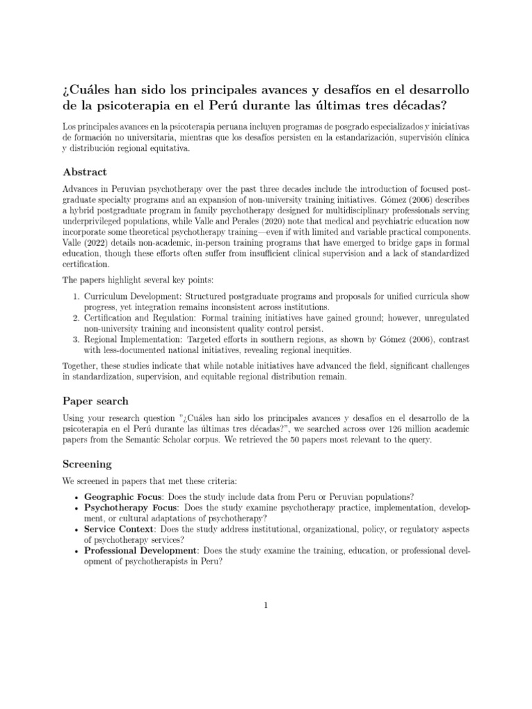 Elicit - Avances y Desaf - Os de La Psicoterapia en Per - Report | PDF | Psychotherapy | Psychiatry