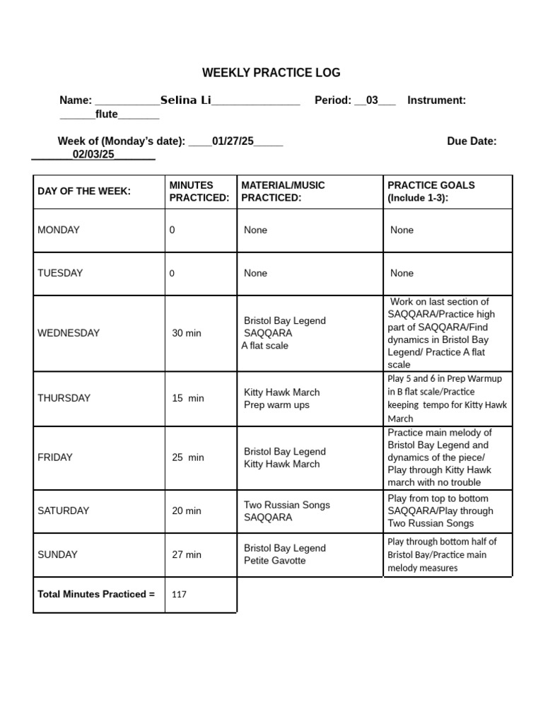 Weekly Practice Log 01.27.25 | PDF | Musical Compositions | Musical Forms