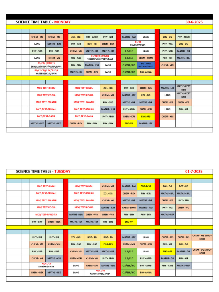Science Time Table for 30/6/2025 | PDF
