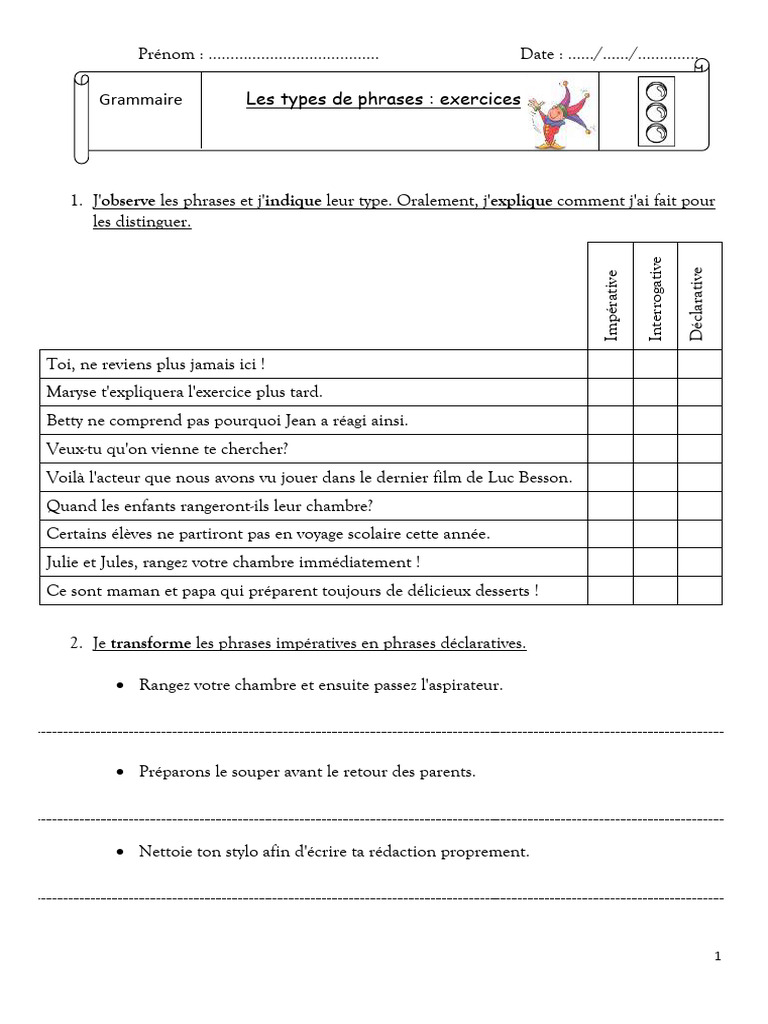 Types de phrases : exercices pratiques | PDF