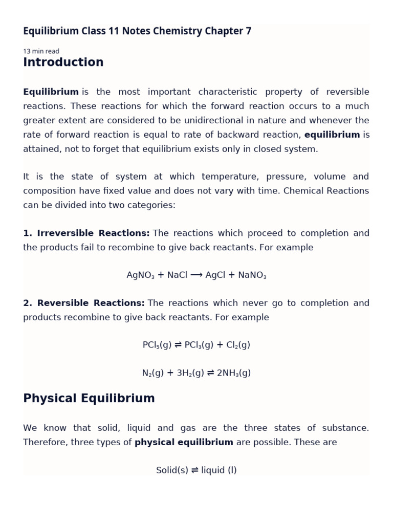 Equilibrium Class 11 Notes Chemistry Chapter 7 | PDF | Chemical ...