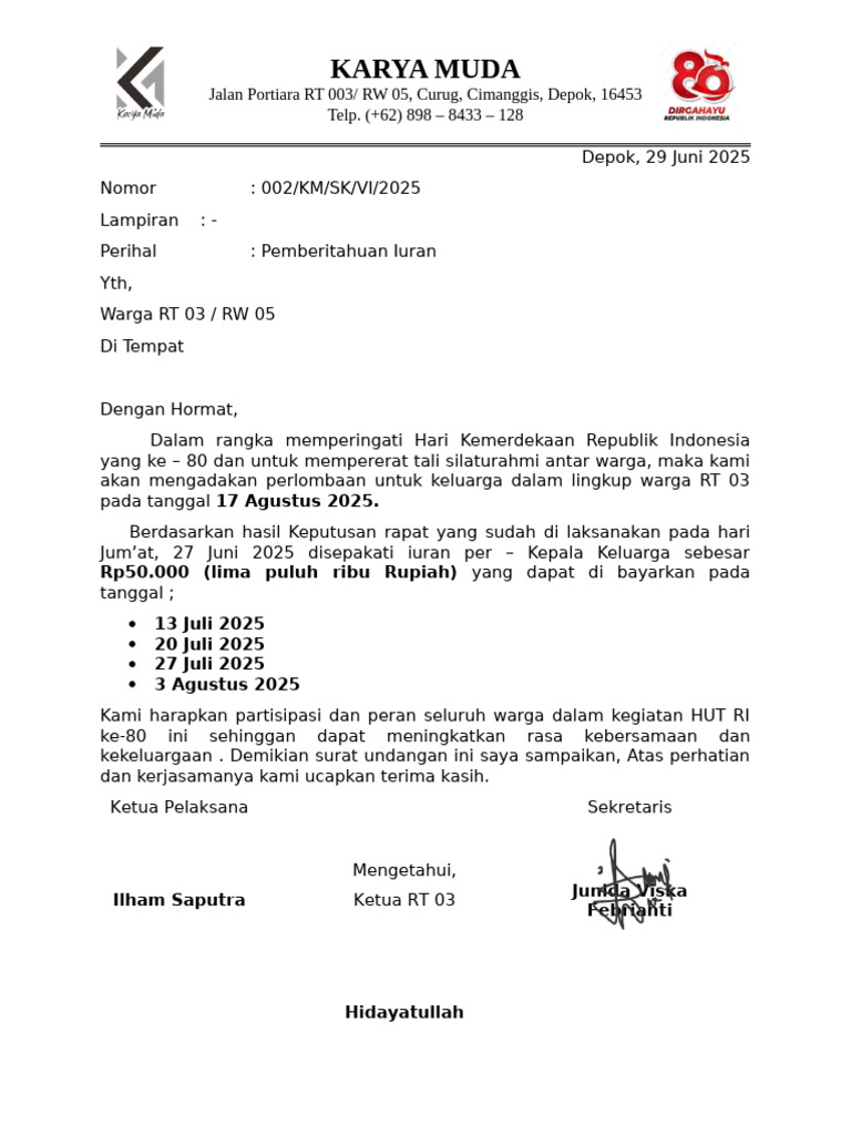 Surat Edaran 17 Agustus 2025 - Karya Muda | PDF