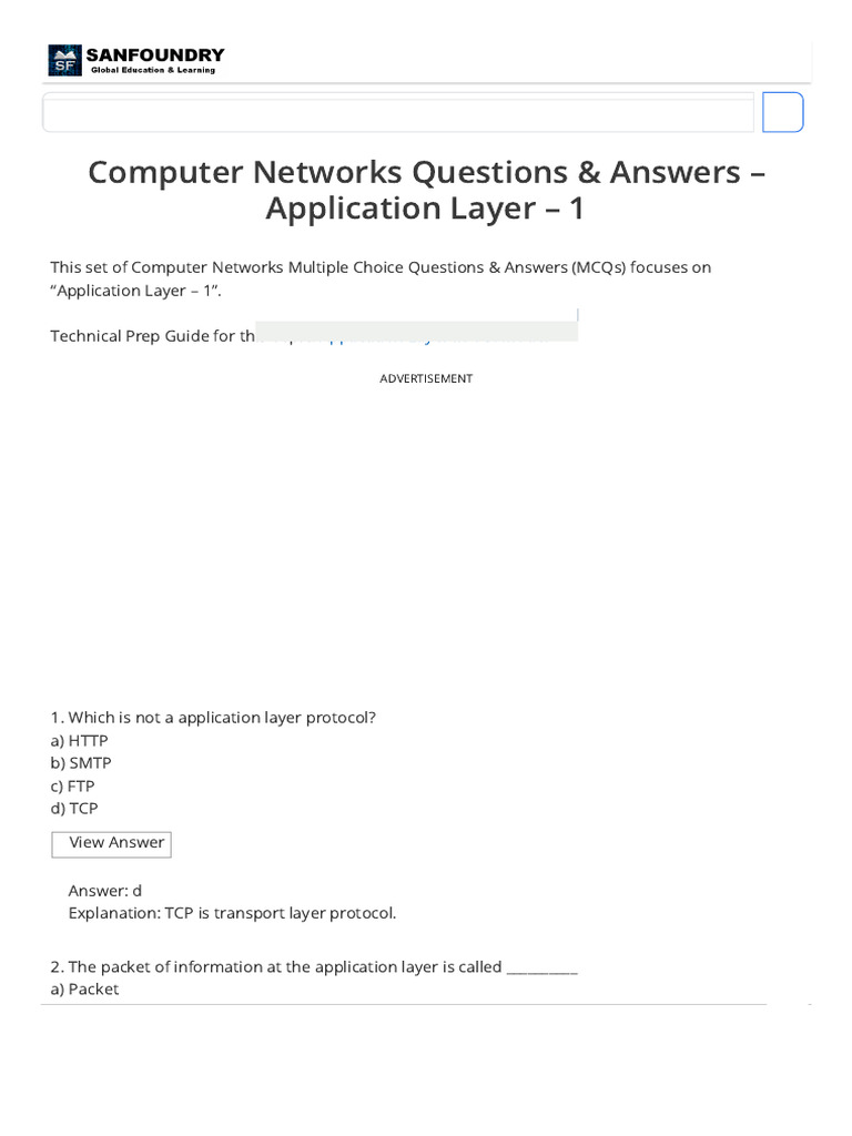 Application Layer - Computer Networks Questions & Answers - Sanfoundry | PDF | Osi Model ...