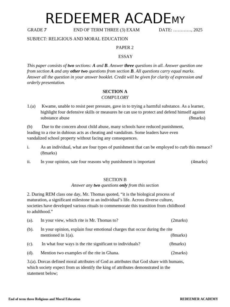 Basic 7 Rme End of Term Three | PDF | Prayer | Punishments