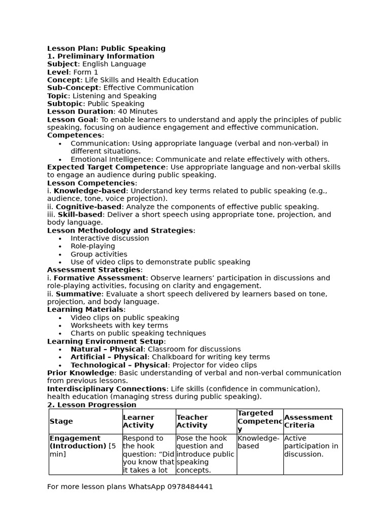 Public Speaking Lesson Plan for Form 1 | PDF | Educational Assessment ...