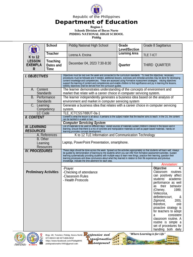 Grade 8 TLE Lesson Plan: Computer Servicing | PDF | Learning ...