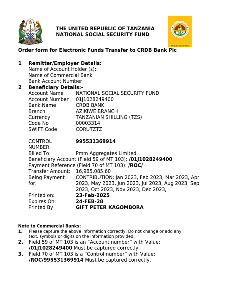 CRDB 1028450 Payment Order Form 23-Feb-2025 - 0810pm NSSF 11 May 2025 | PDF