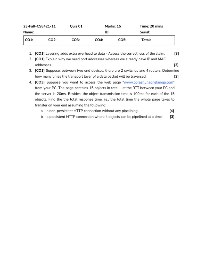 CSE 421 Quiz - 1 | PDF