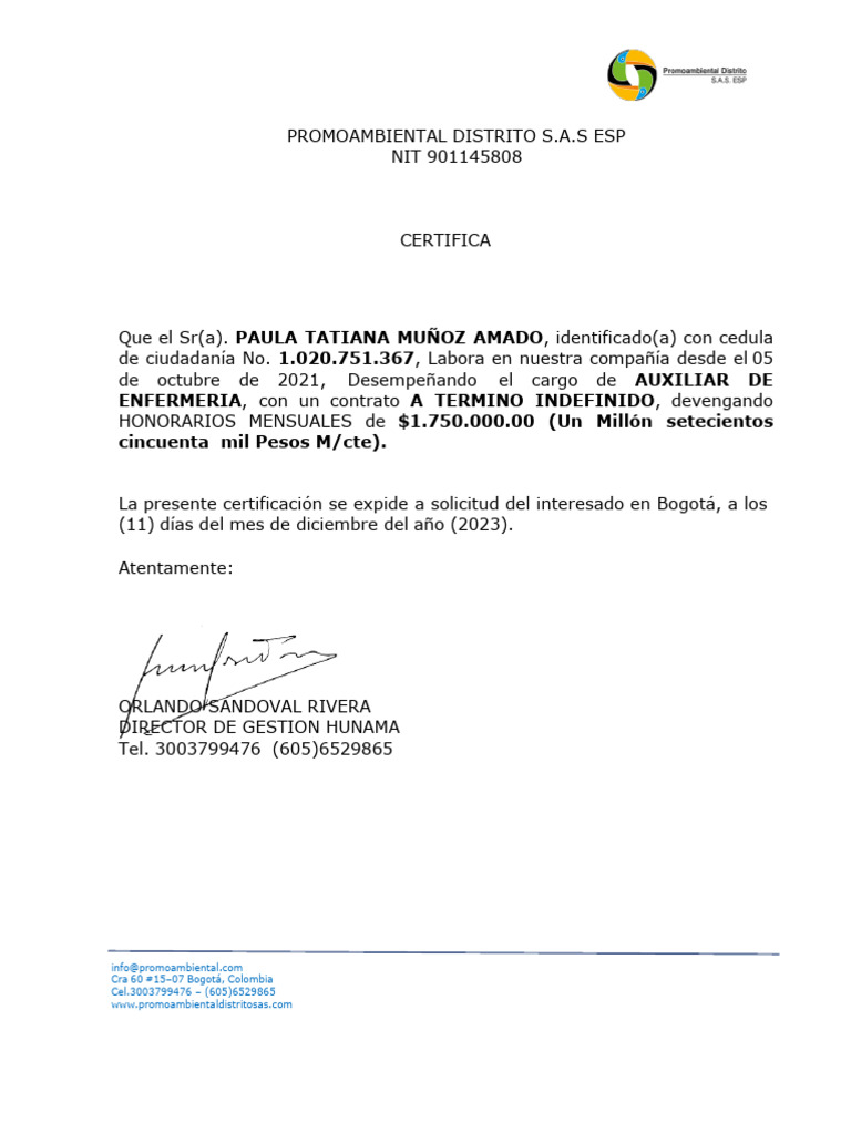 Certifica Laboral Paula Tatiana Muñoz Amado | PDF