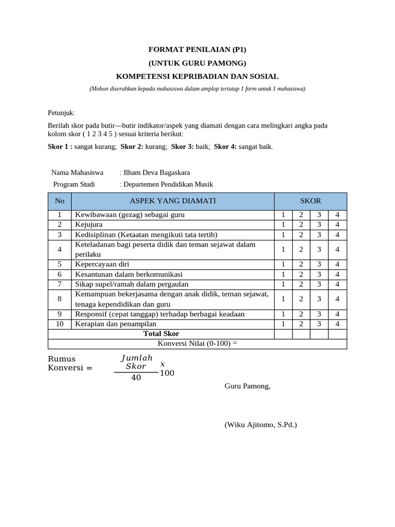 Pti Form Penilaian Guru Pamong Dan Dosen Pembimbing | PDF