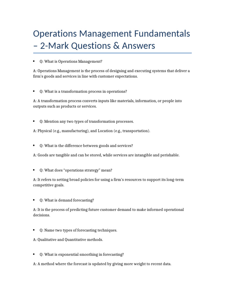 Operations - Management.2 Marks For Exam Preparation | PDF | Forecasting | Operations Management
