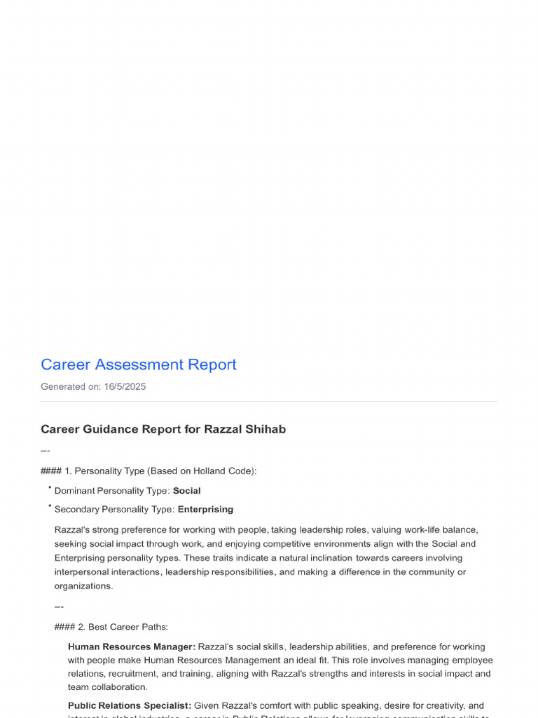 Career Assessment Report 2025-05-16 | PDF