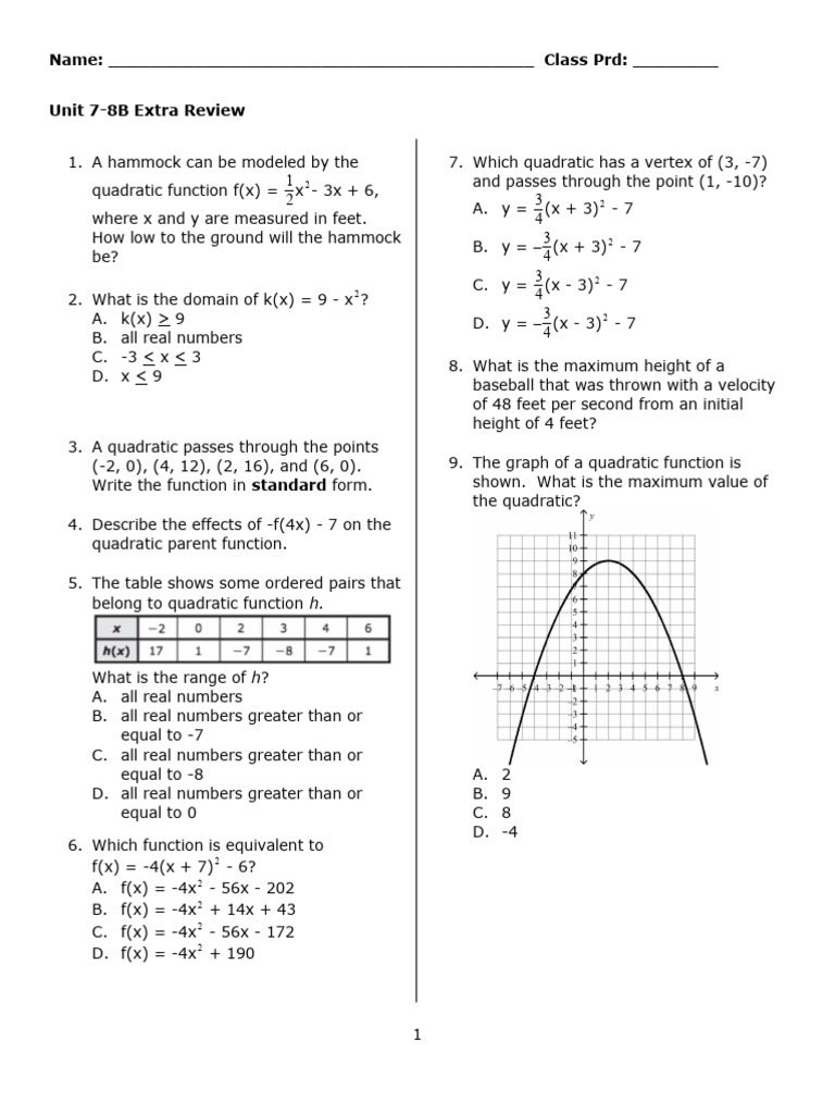 Quadratic Functions Review Questions | PDF
