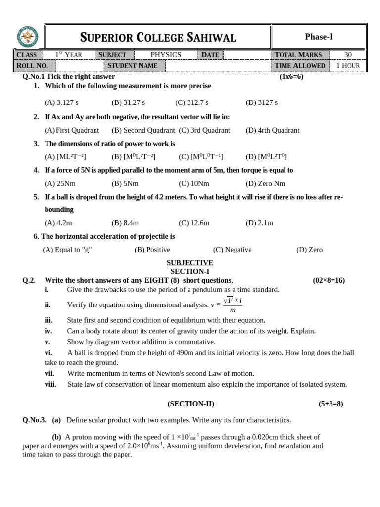 Physics 1st Year Phase Test 1 | PDF | Torque | Acceleration