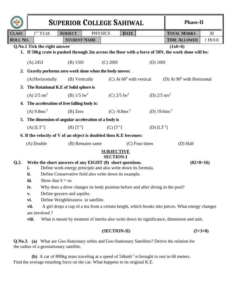 Physics Exam Paper for 1st Year Students | PDF | Force | Acceleration