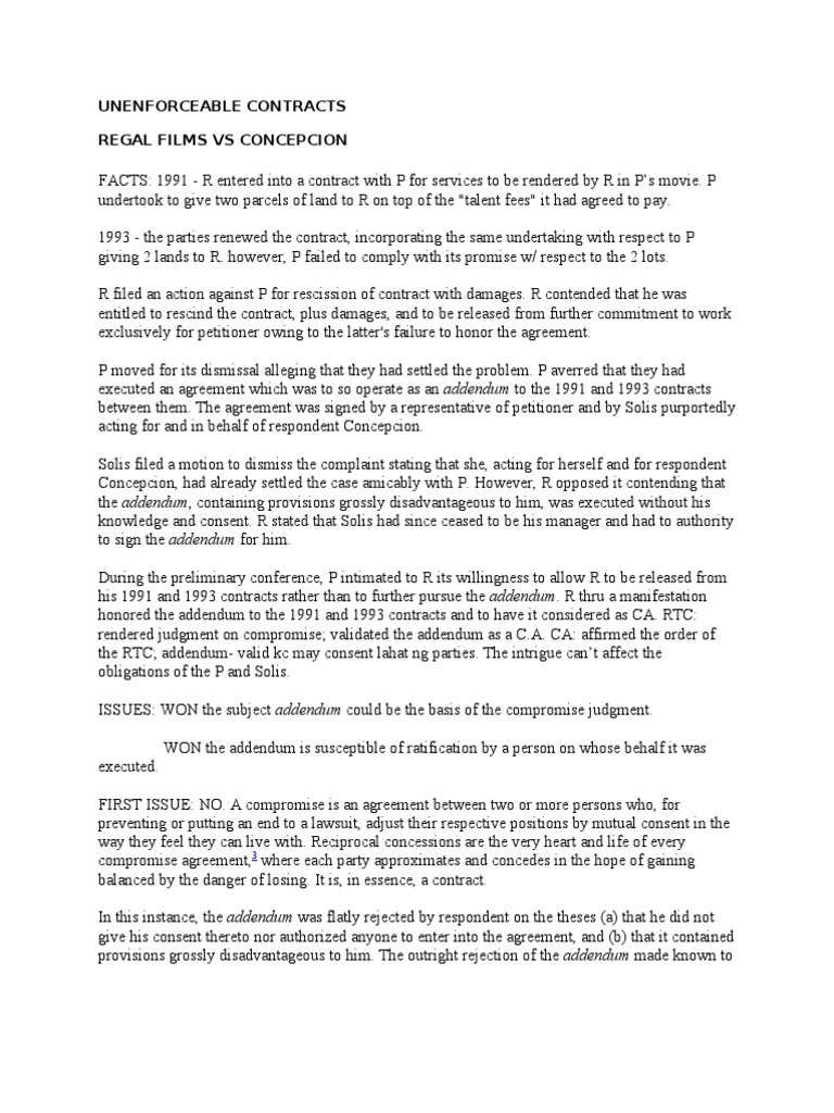 Unenforceable Contracts Digests | PDF | Appeal | Legal Concepts