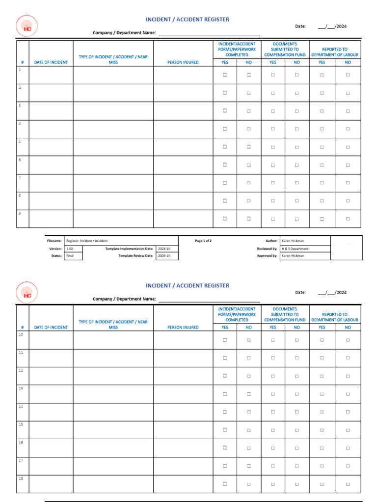 Incident Accident Register - 2024 | PDF