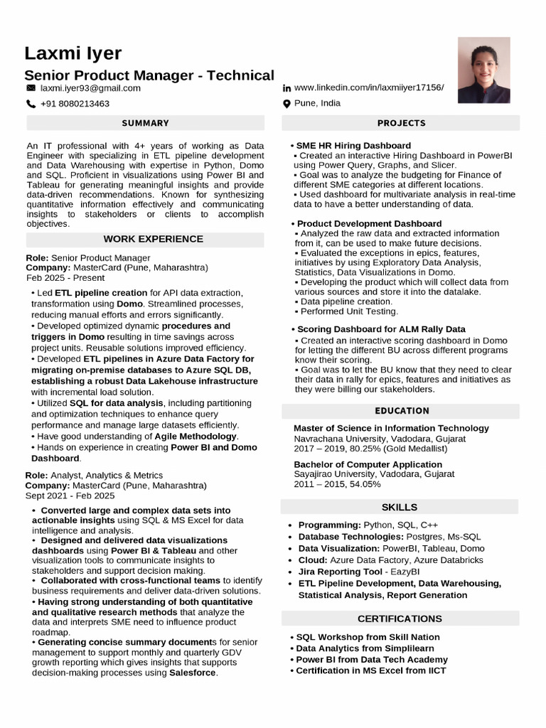 Laxmi Iyer Analyst Resume | PDF