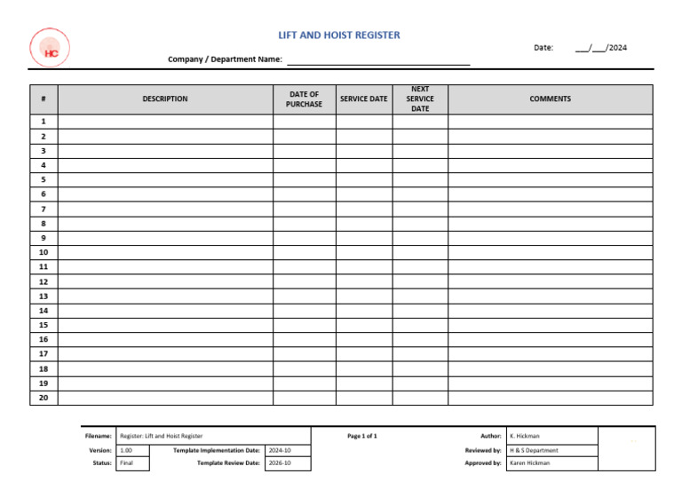Lift and Hoist Register Template | PDF