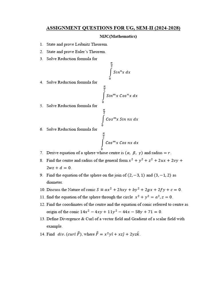 Assignment Questions For Ug MJC, Mic, MDC Mathematics | PDF | Sphere | Pi