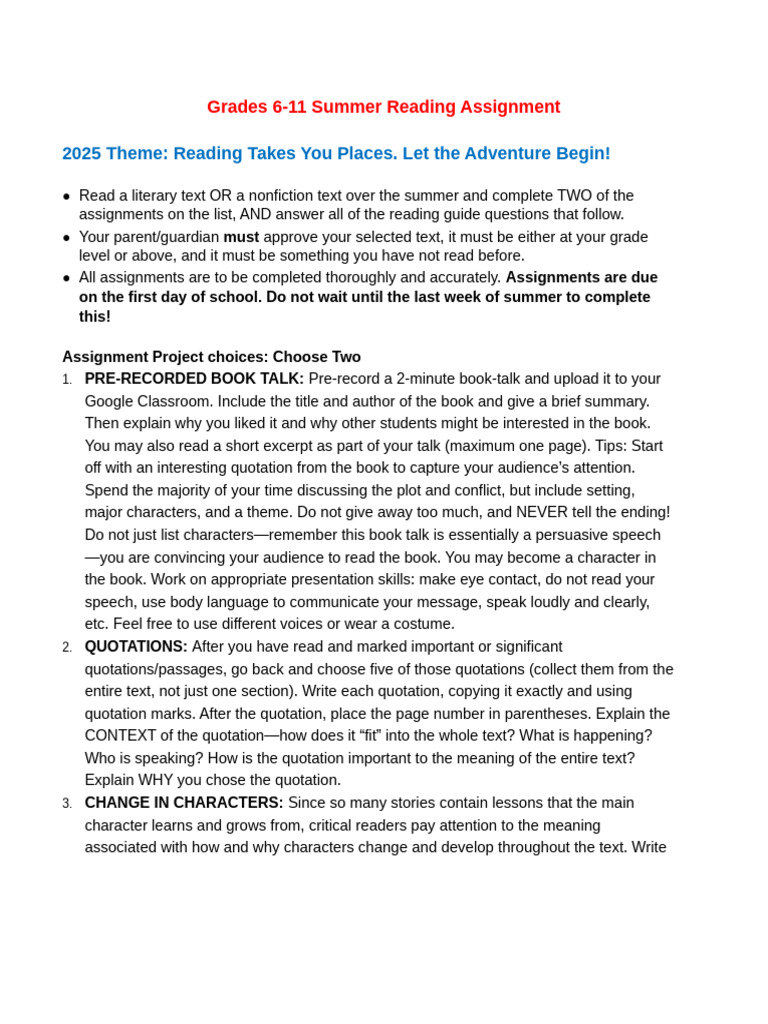 2025 Summer Reading Assignment Guide | PDF | Writing | Learning