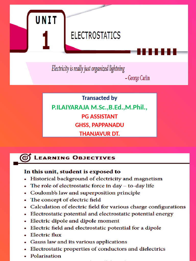 Unit 1 Electrostatics PPT - em | PDF | Electric Field | Dielectric